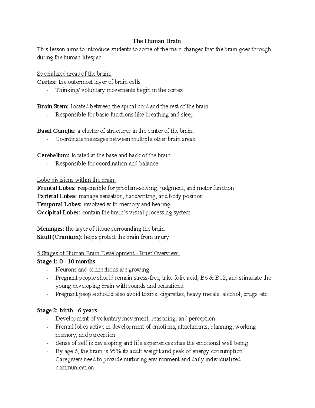 2-1 Brain Development - The Human Brain This lesson aims to introduce ...