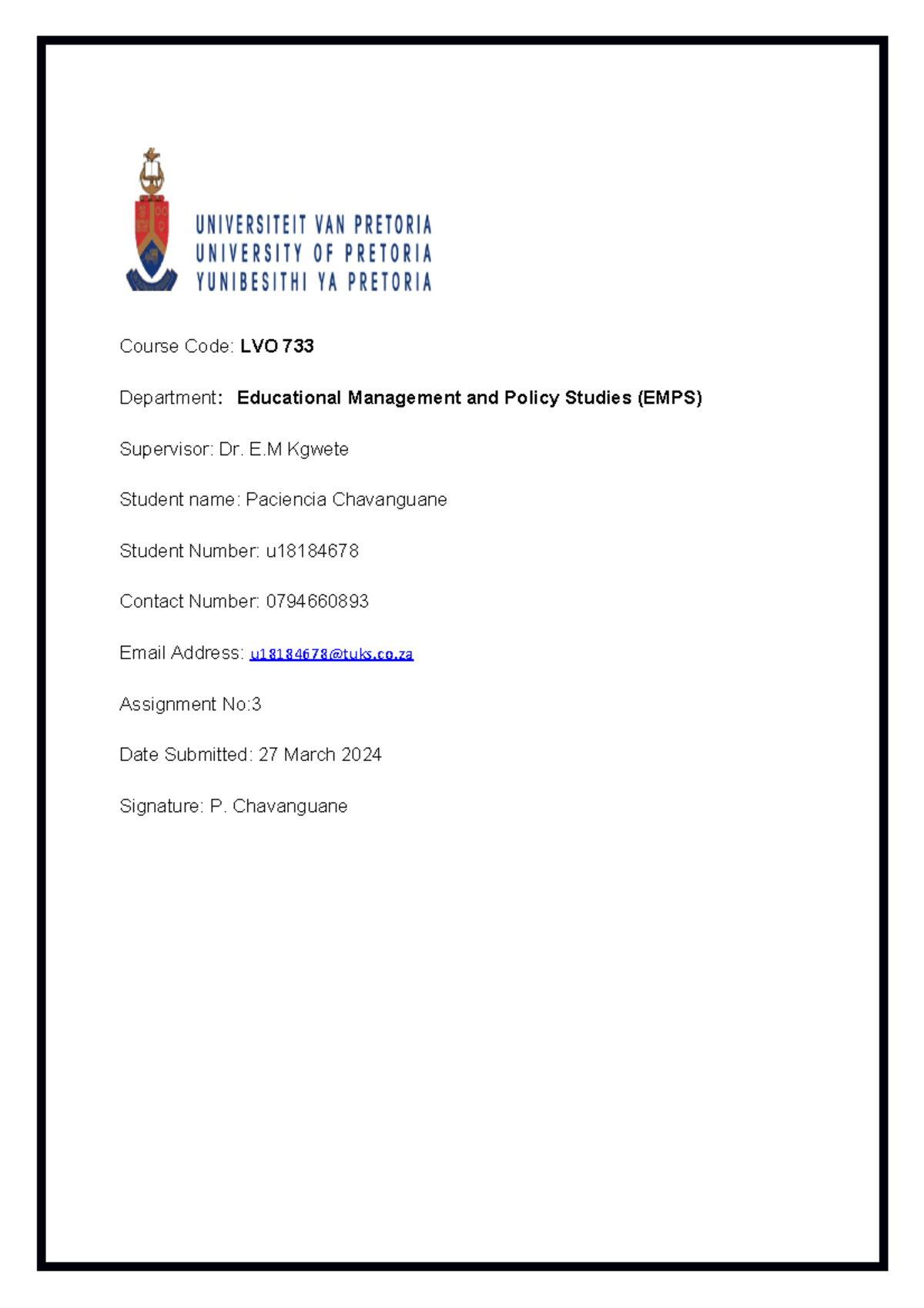 LVO 733 Assignment 3- Copy - Course Code: LVO 733 Department ...