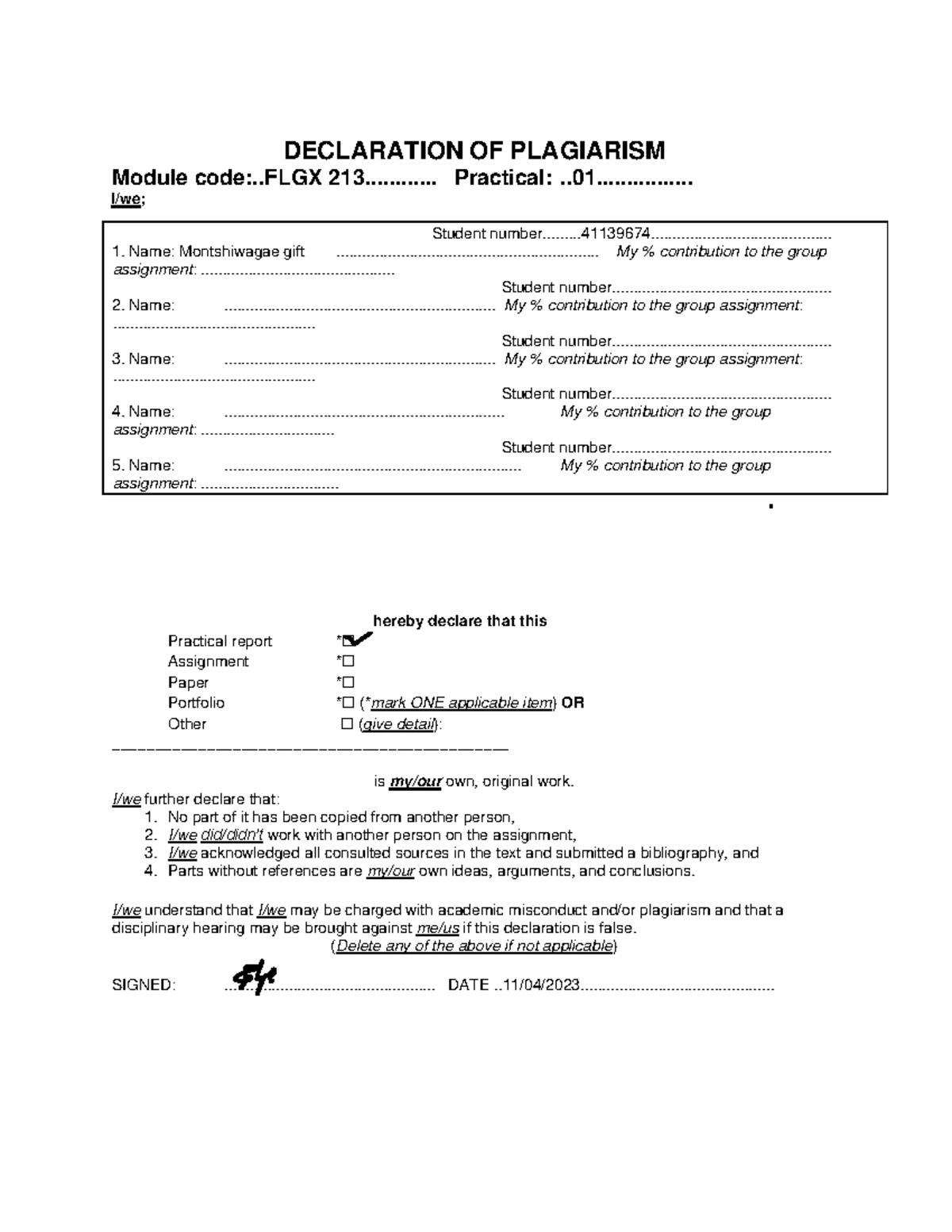 FLGX22113 - documents with memos - DECLARATION OF PLAGIARISM Module ...