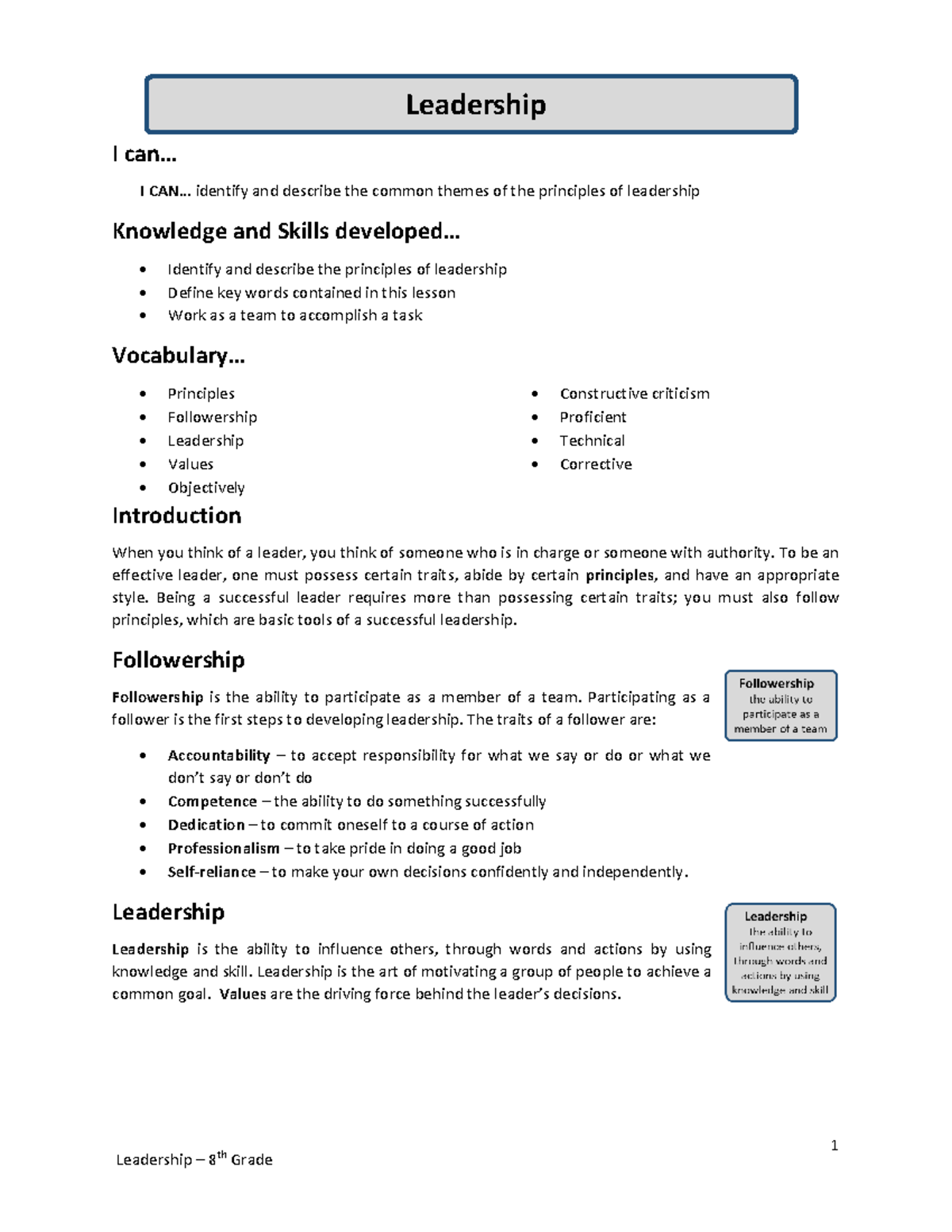 Patrick Glover - Leadership Reader Packet (8th) (2021) - 1 Leadership I ...