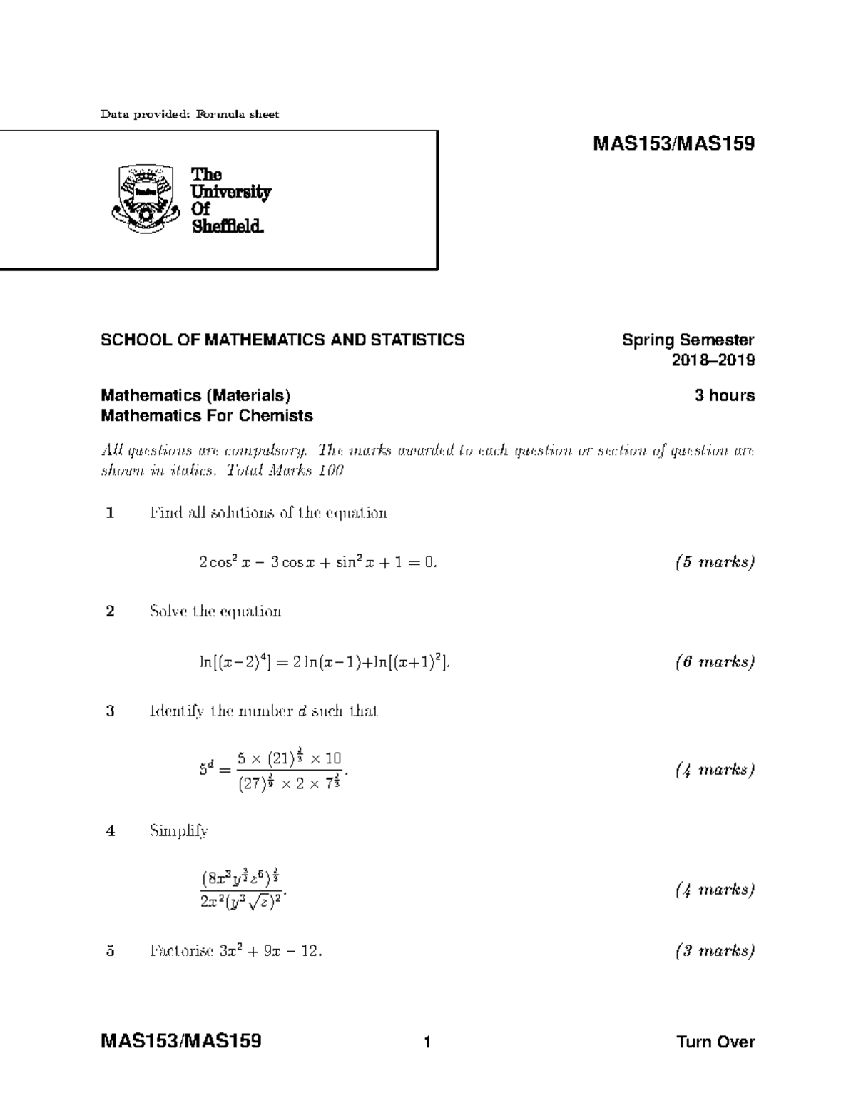 MAS153 Mathematics (Materials) Spring Semester 2018-2019 - t ♣r♦ ♦r♠ s ...