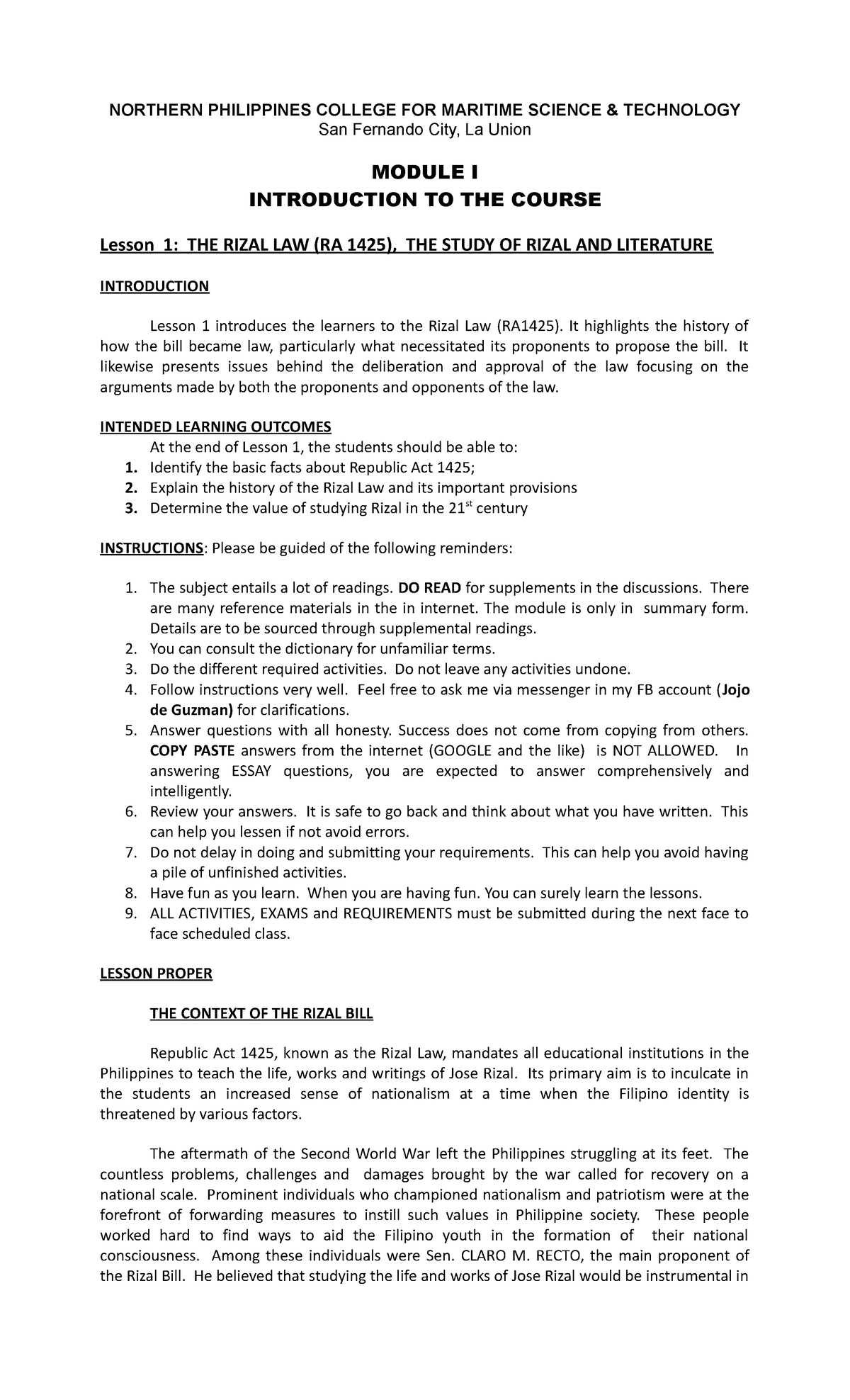 Module-I - Ugh - NORTHERN PHILIPPINES COLLEGE FOR MARITIME SCIENCE ...