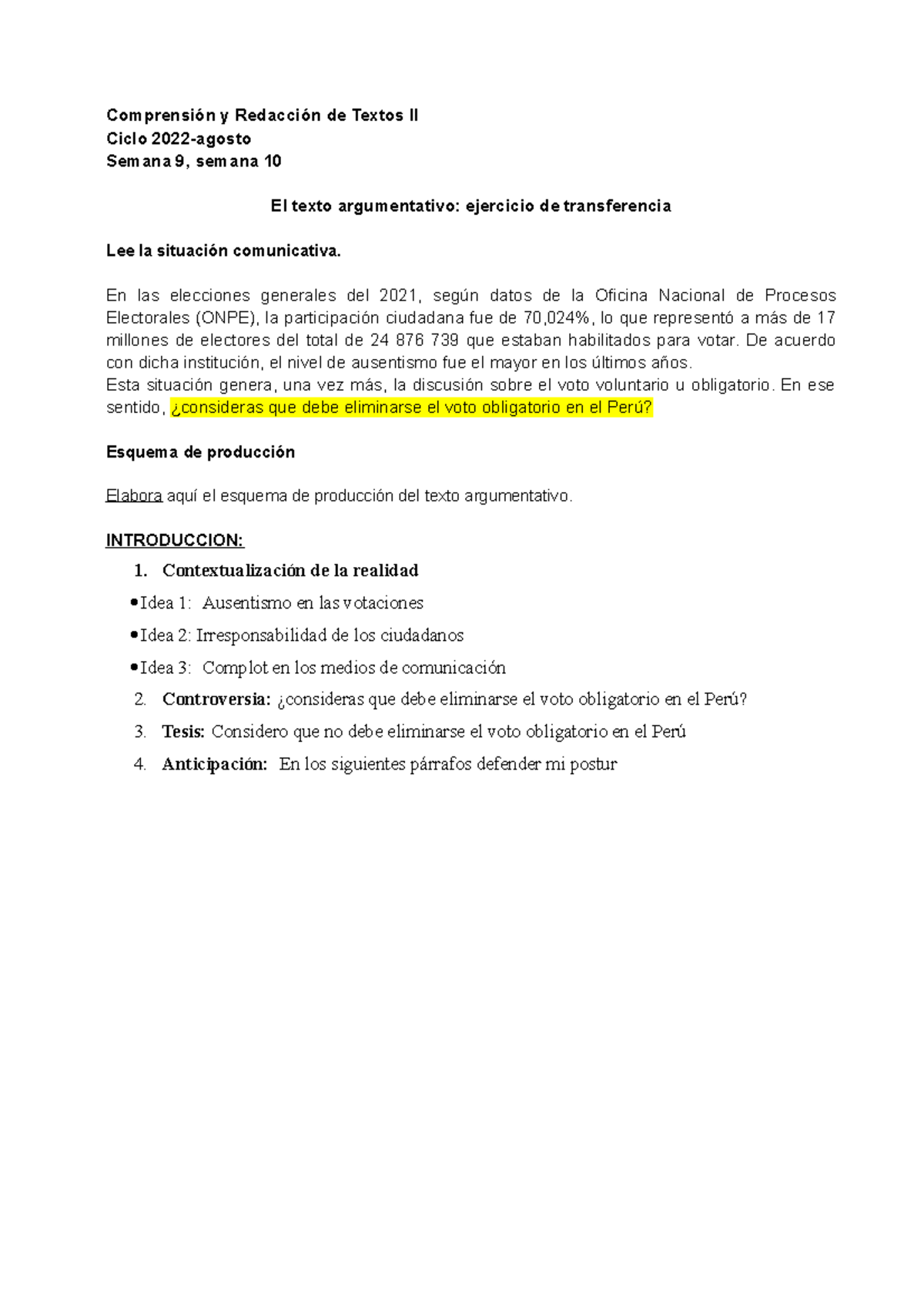 S09. y S10 - Ejercicio de transferencia El texto argumentativo formato (1) - Comprensión y ...
