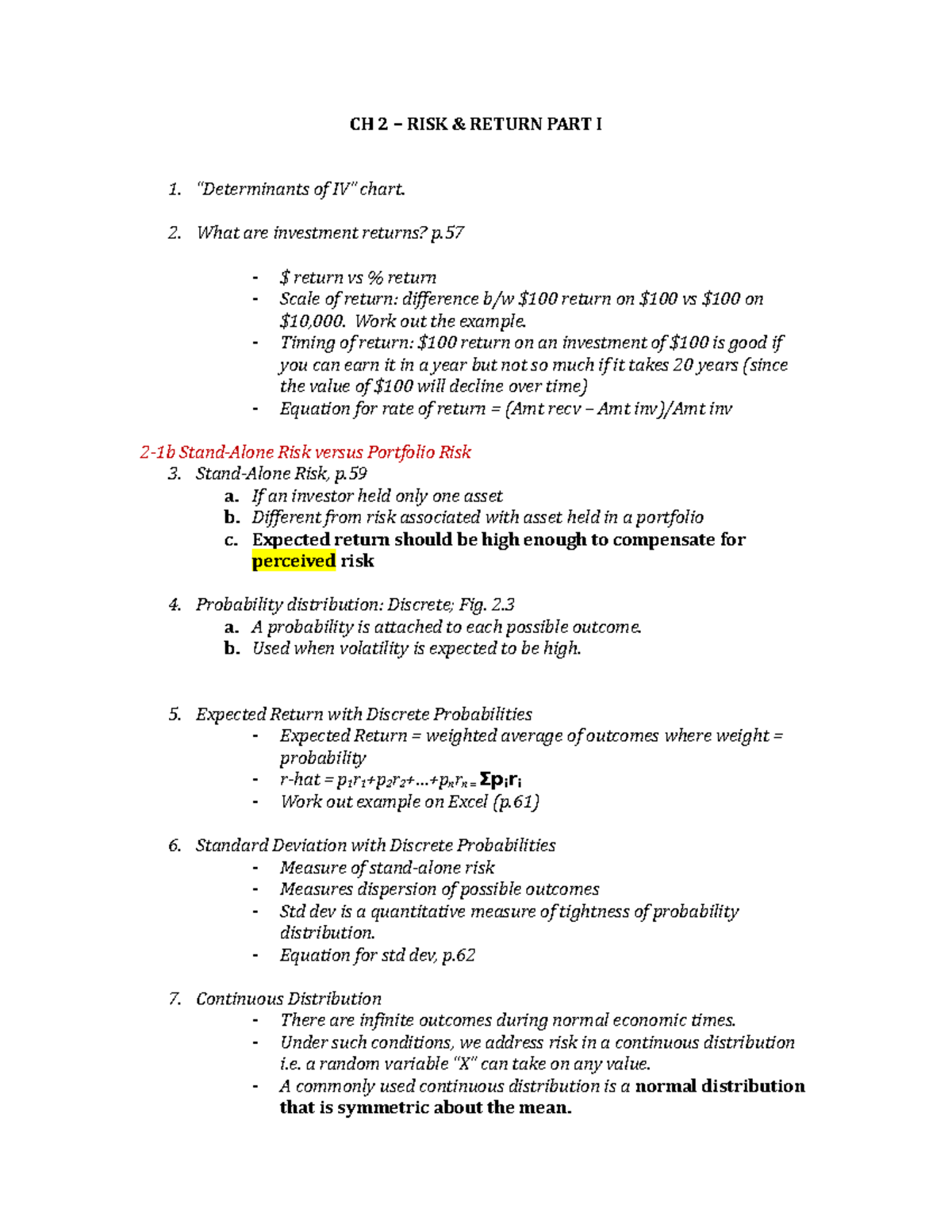 CH 2 – RISK & Return - ch2 notes - CH 2 – RISK & RETURN PART I ...