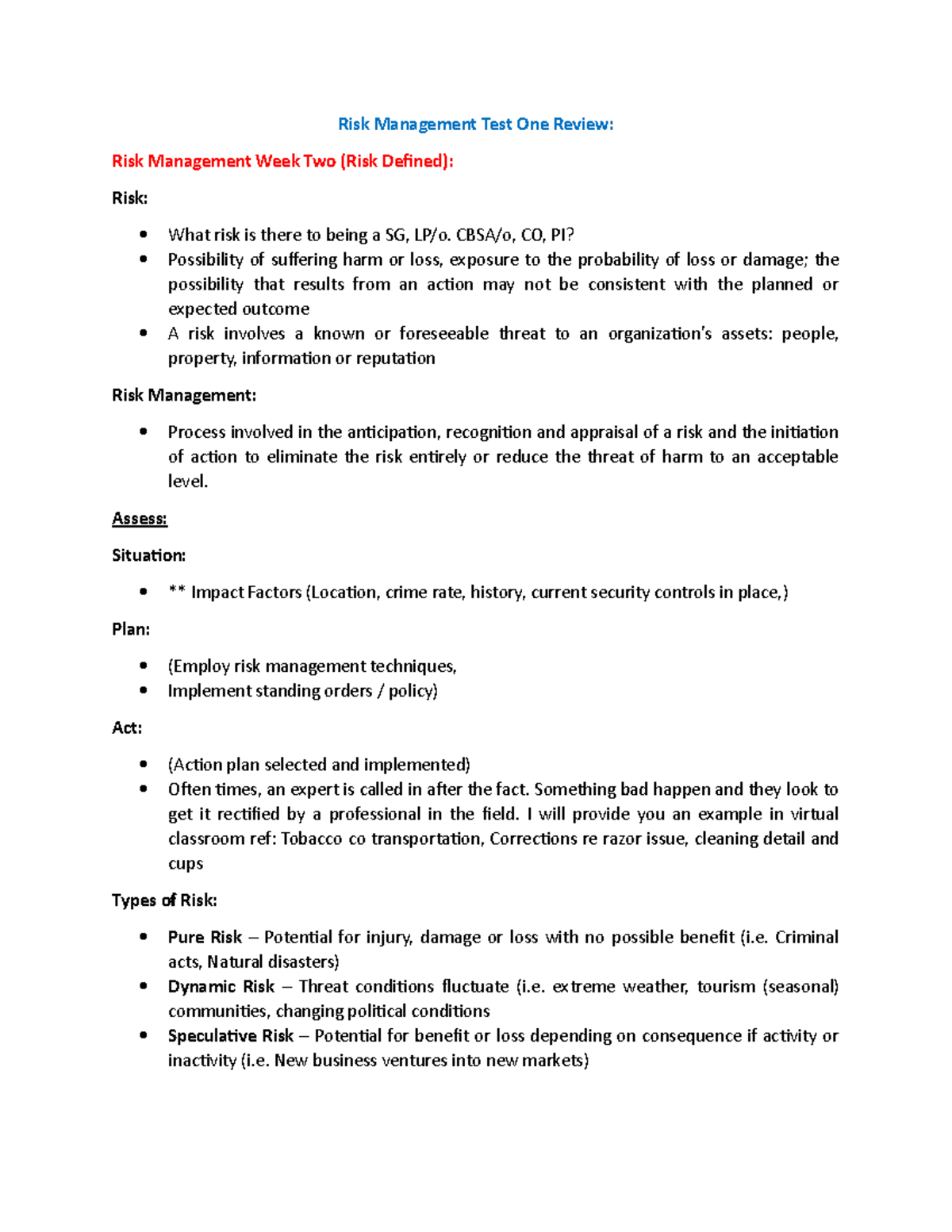 Risk Management Test One Review - CBSA/o, CO, PI? Possibility of ...