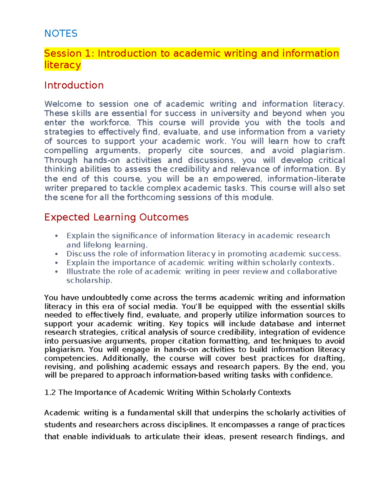 UCU Acad writing and info literacy Notes for Sessions 1-4 - NOTES ...