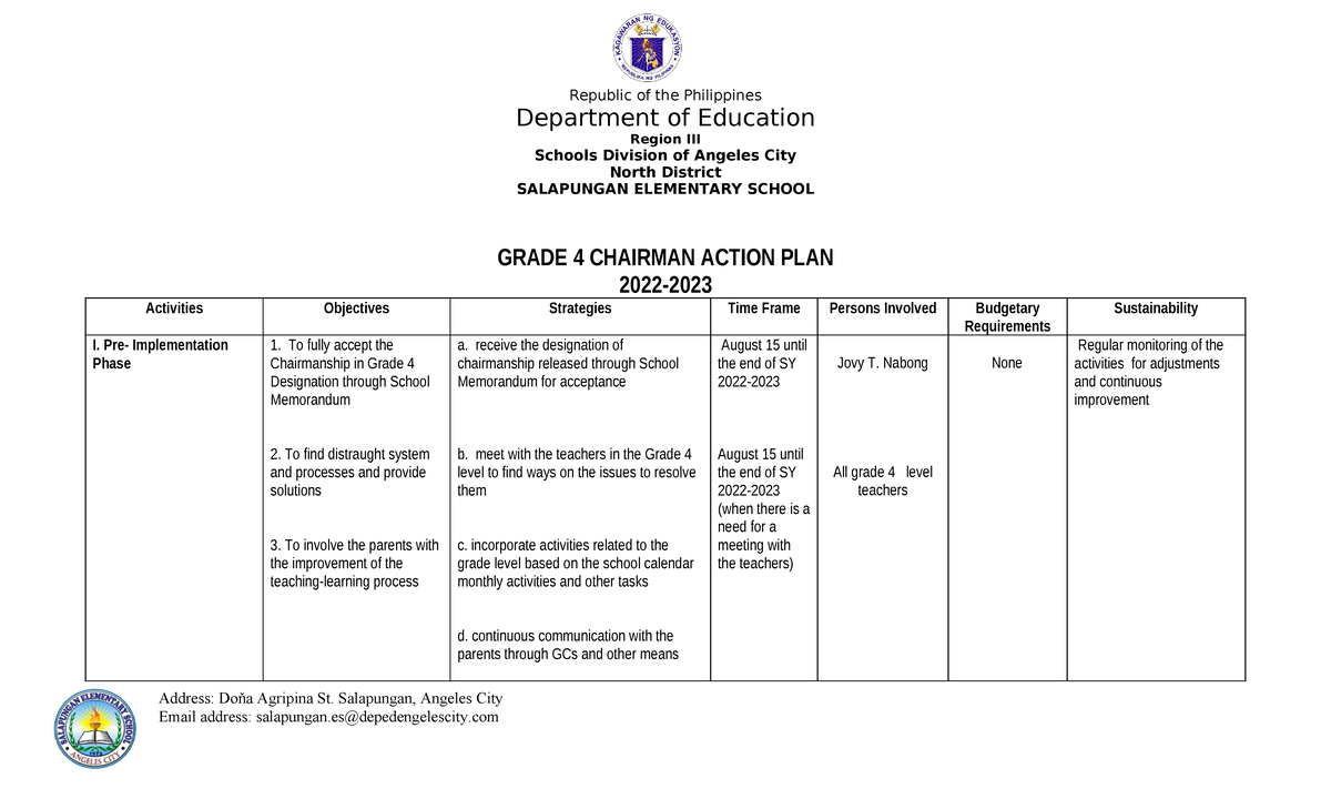 Action Plan of Grade Chairman 2022 2023 - Department of Education ...
