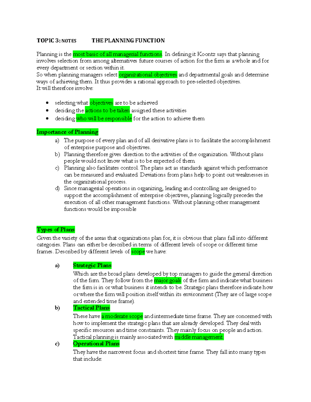 Topic 4 Planning AND Decision Making - TOPIC 3: NOTES THE PLANNING ...