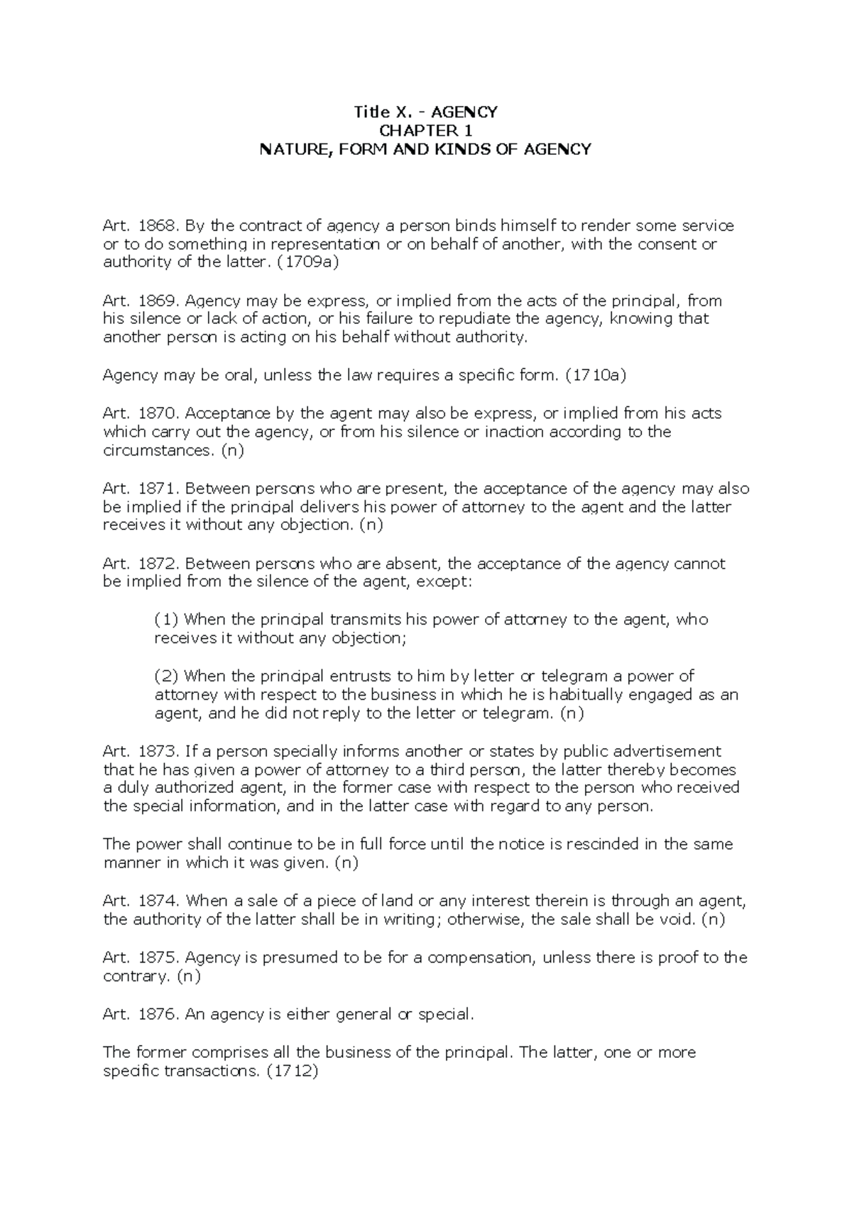 Title X - Agency (Civil Code) - Title X. - AGENCY CHAPTER 1 NATURE ...