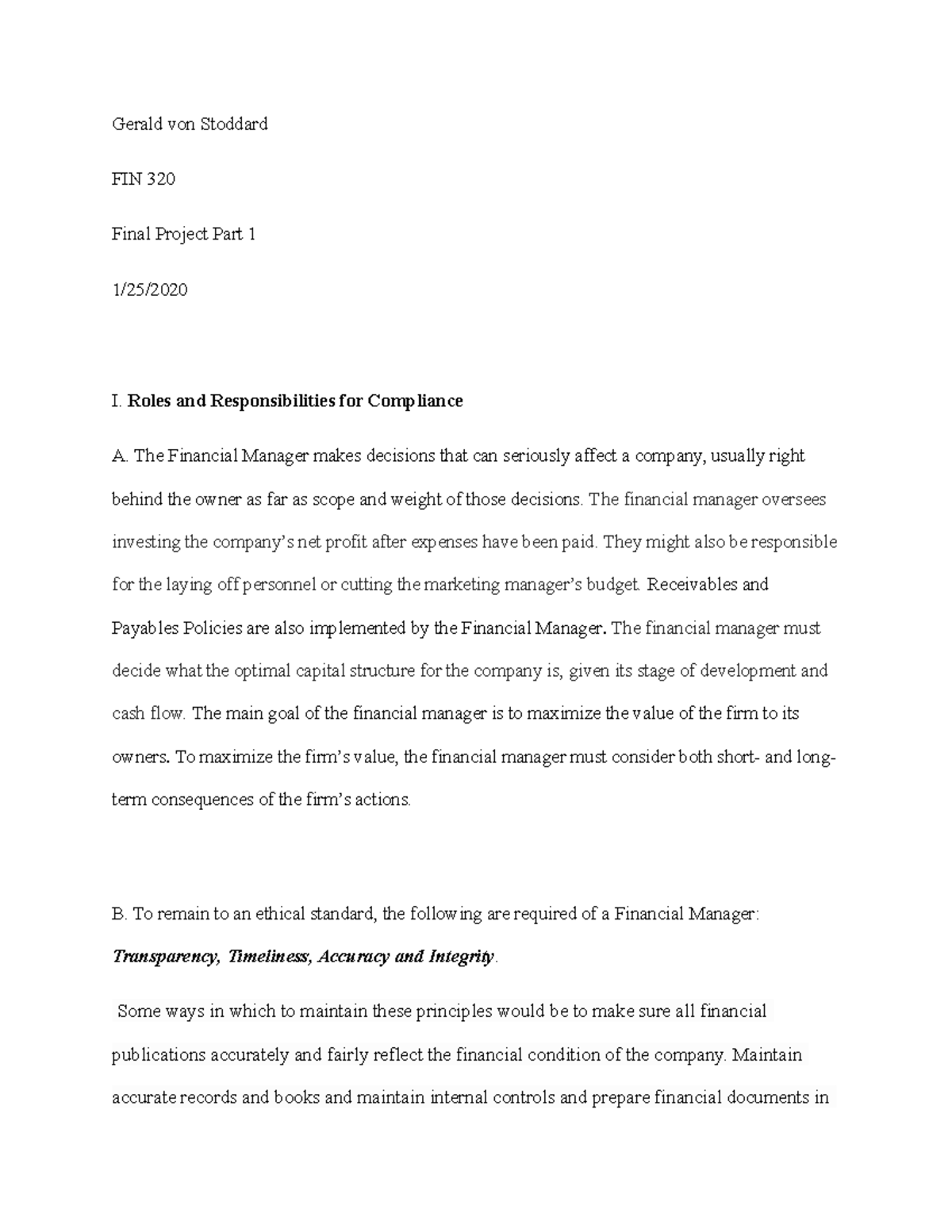 FIN 320 Final Project Part 1 - Gerald von Stoddard FIN 320 Final ...