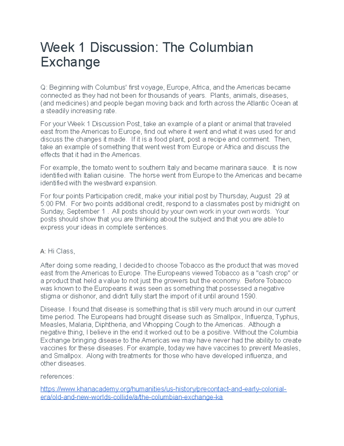 Week 1 Discussion The Columbian Exchange - Week 1 Discussion: The ...