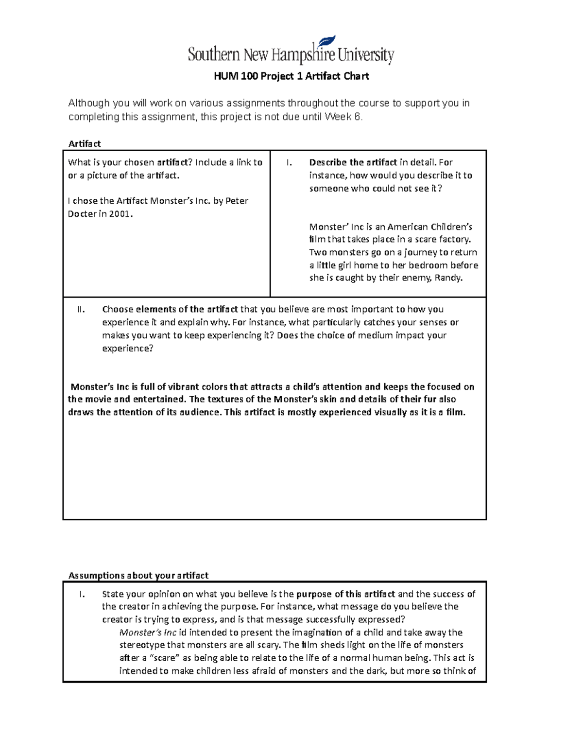 Hum100 project 1 artifact chart - HUM 100 Project 1 Artifact Chart ...