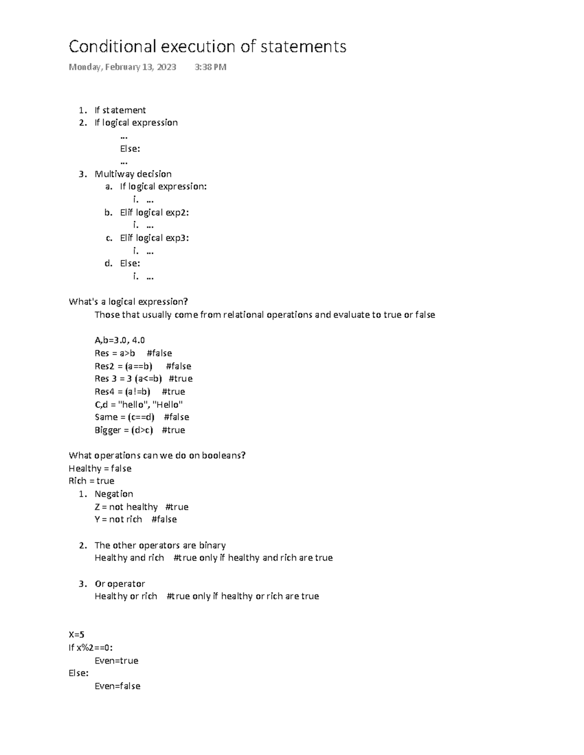Conditional Execution Of Statements If Statement If Logical