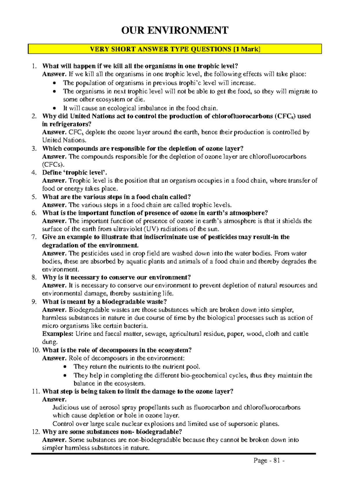 Our Environment - OUR ENVIRONMENT VERY SHORT ANSWER TYPE QUESTIONS [1 ...