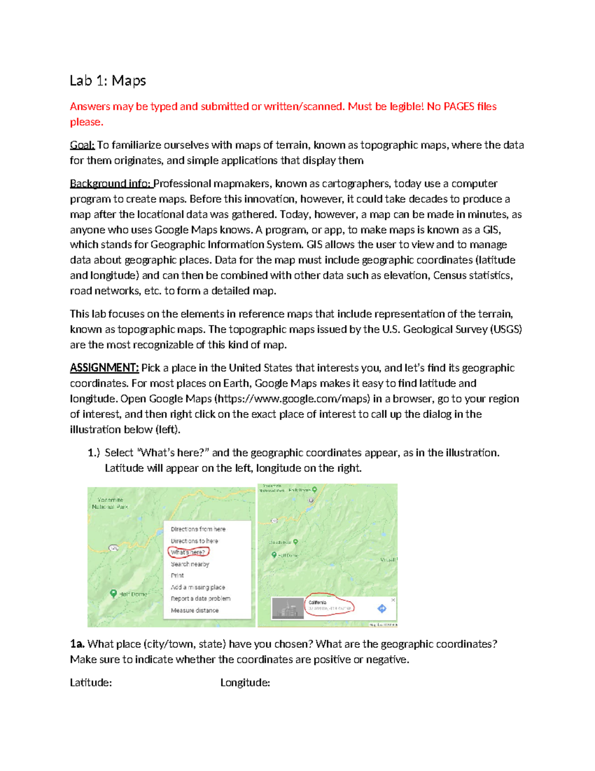 Lab 1 geo 101!!! - Lab 1: Maps Answers may be typed and submitted or ...