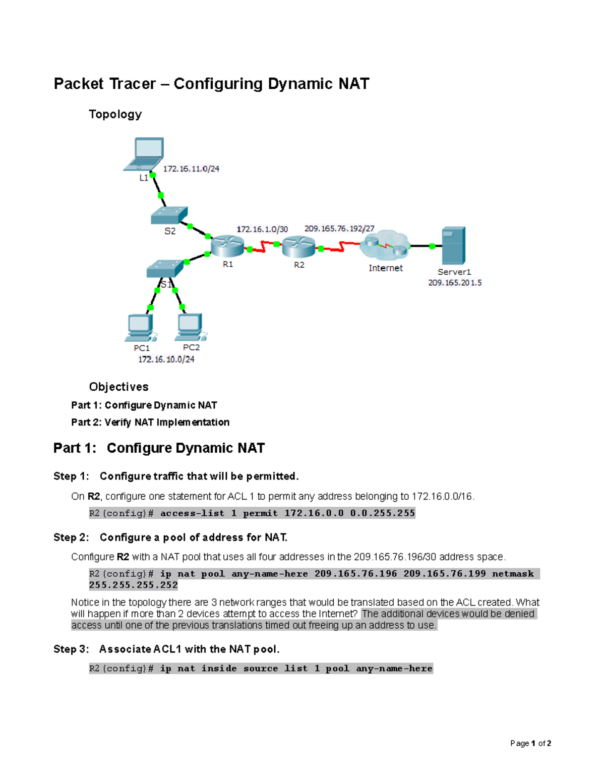 Tp2 Configuring Dynamic Nat Packet Tracer Configuring Dynamic Nat Topology Objectives Part 1