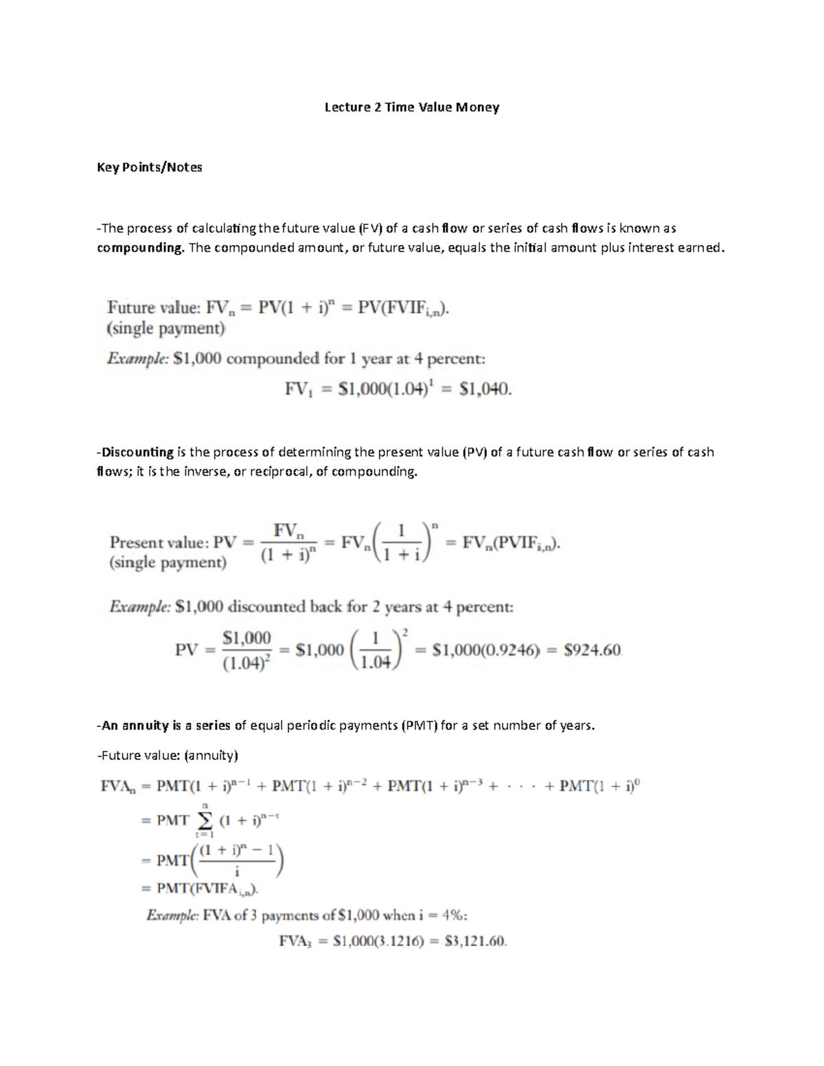 Lecture 2 Time Value Money - Lecture 2 Time Value Money Key Points ...