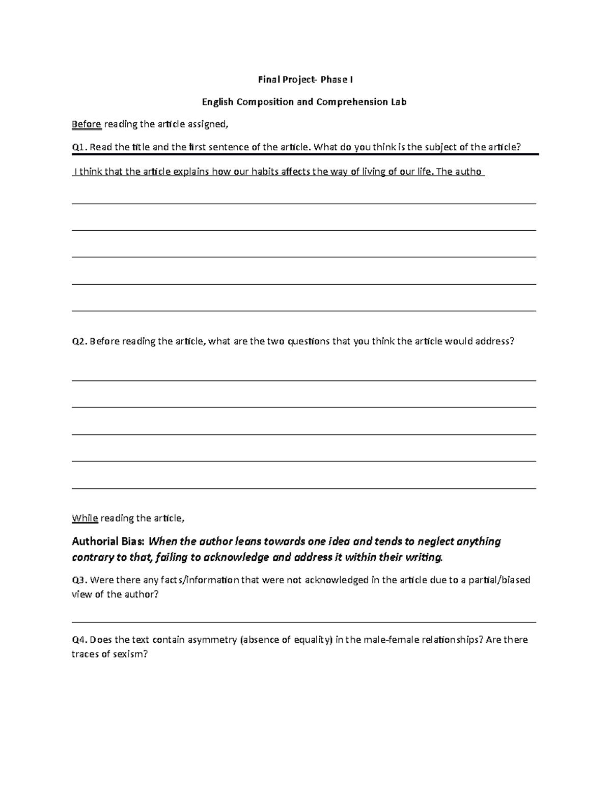 Critical Reading -Phase I of Final Project ECC lab - Final Project ...