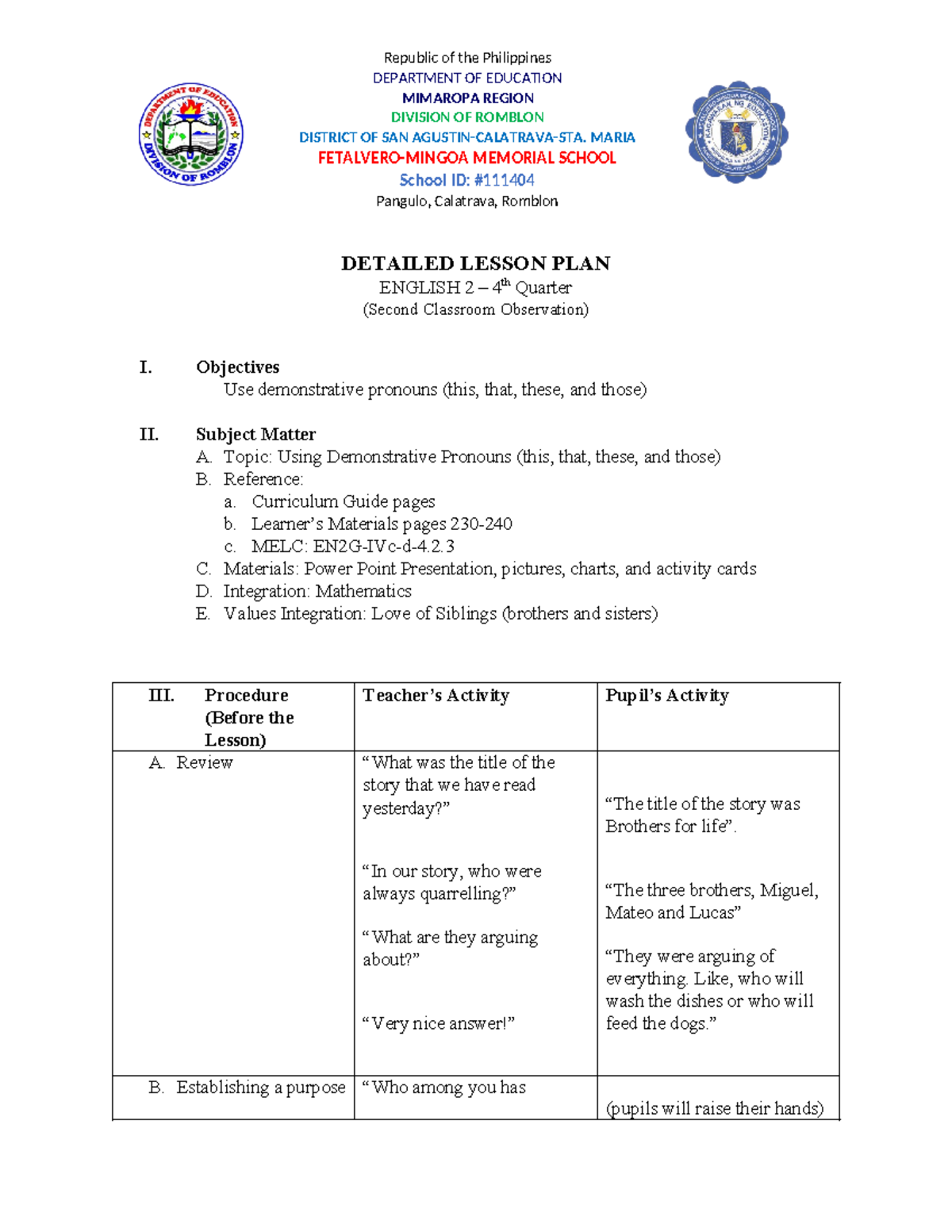 Detailed Lesson PLAN q4 - DETAILED LESSON PLAN ENGLISH 2 – 4th Quarter ...