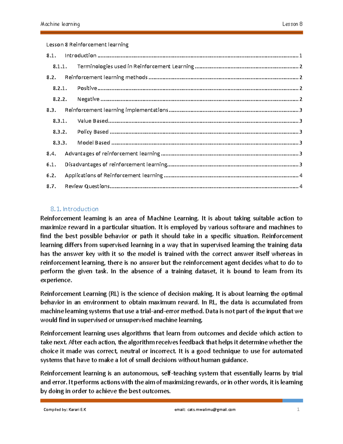 Lesson 8 Reinforcement learning - Lesson 8 Reinforcement learning 8 ...