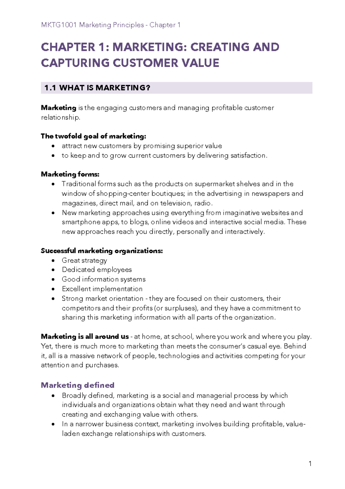 Mktg1001 Chapter 1 Lecture Note Of Chapter 1 Mtkg1001 Chapter 1