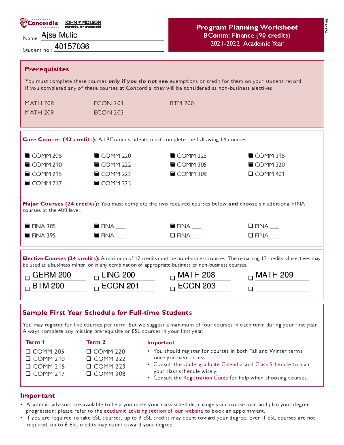 90 credits BComm Finance - Name: Student no.: T19- Program Planning ...
