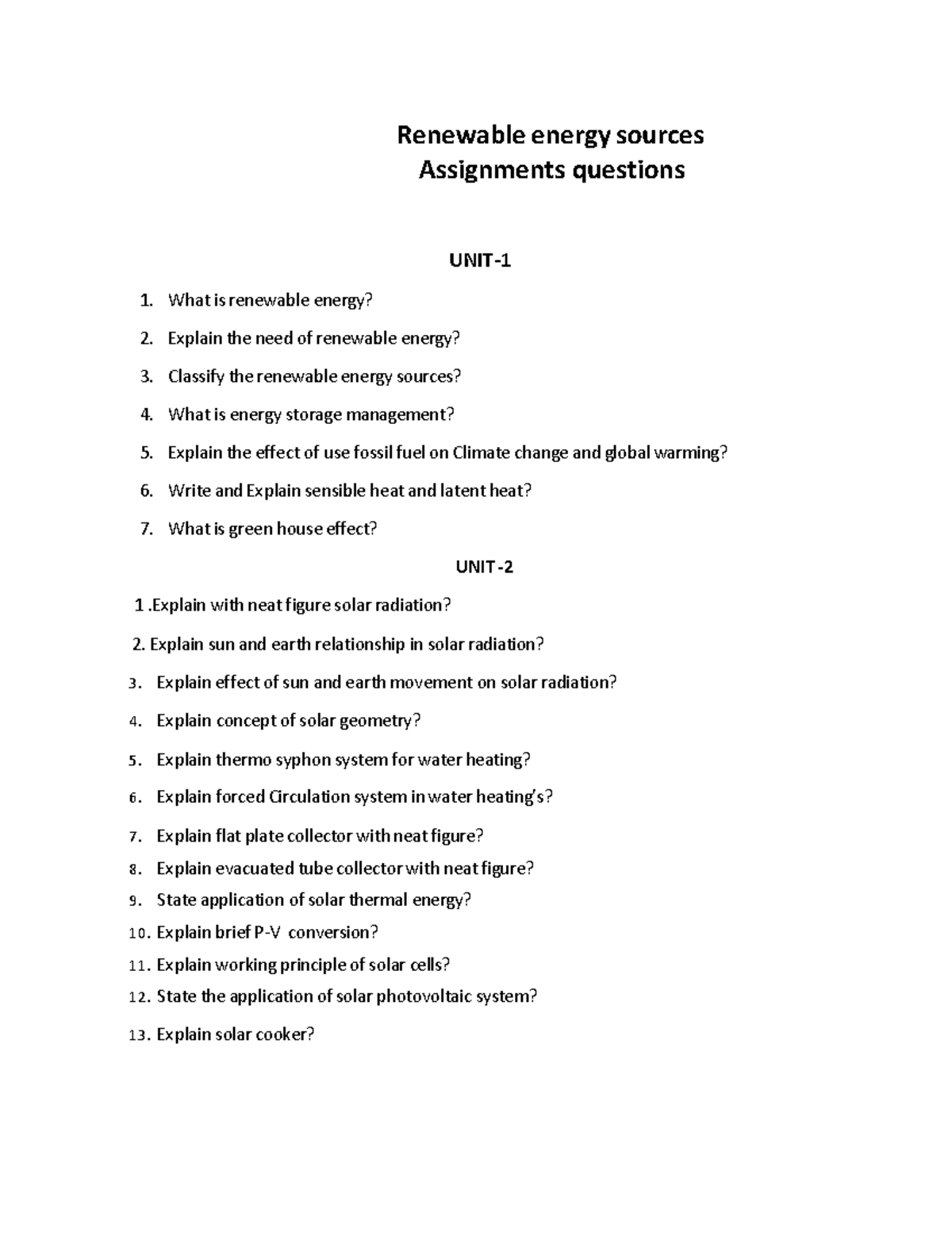 Renewable energy sources Assignments questions - Renewable energy ...