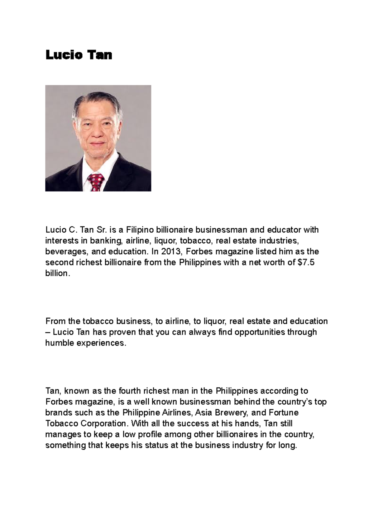 Documentasd asfd asfasfsa - Lucio Tan Lucio C. Tan Sr. is a Filipino billionaire businessman and ...