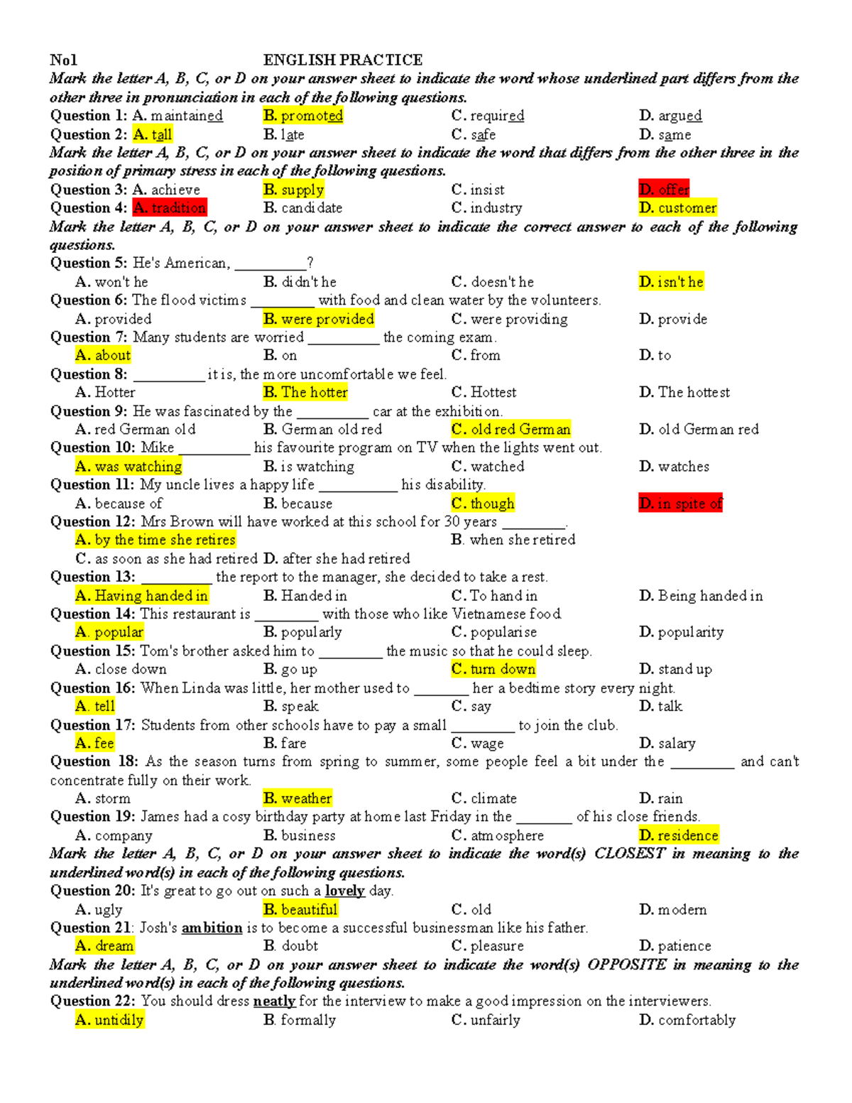 No1 English- Practice - No1 ENGLISH PRACTICE Mark the letter A, B, C ...