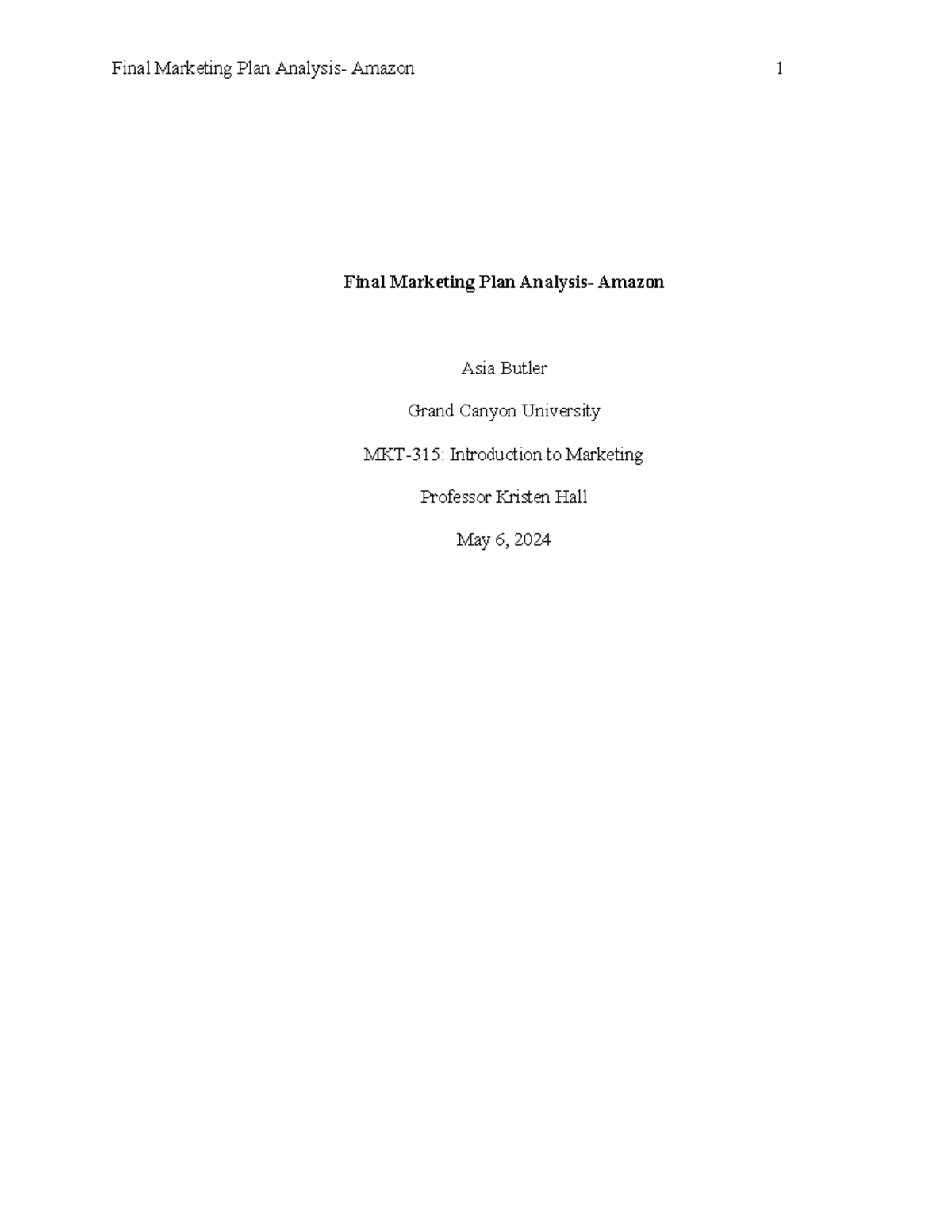 MKT 315 RS T7 Marketing Plan Analysis Template - Final Marketing Plan Analysis- Amazon Asia ...