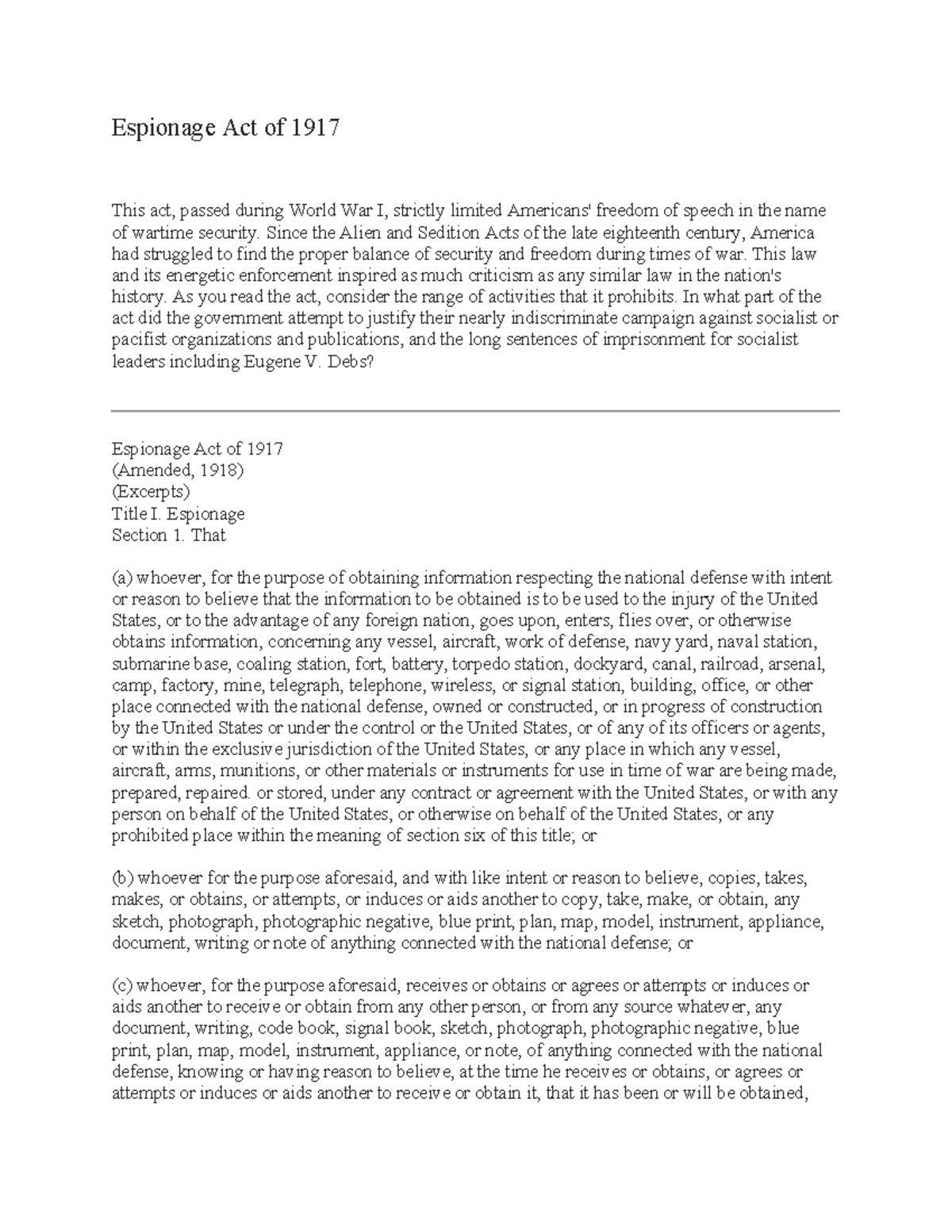 Espionage-act-1917 - Espionage Act of 1917 This act, passed during ...