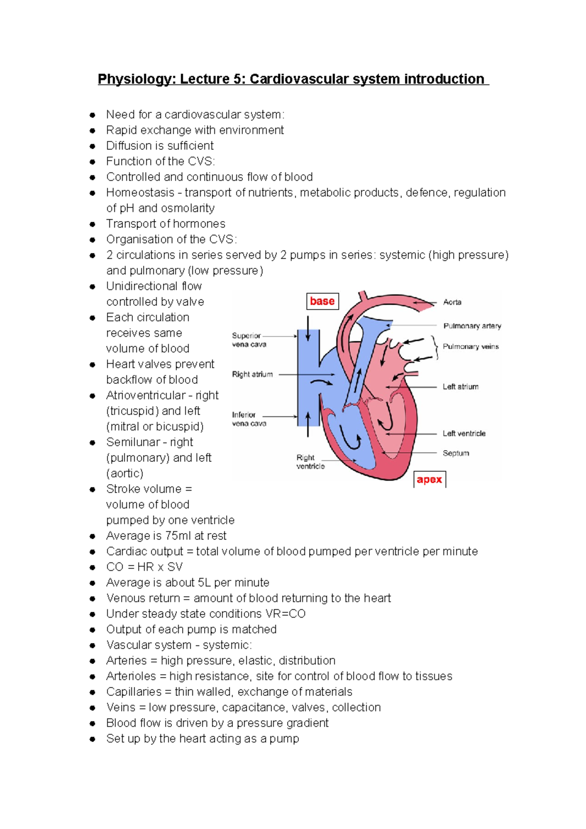 Physiology Lecture 5 Cardiovascular system introduction - Physiology ...