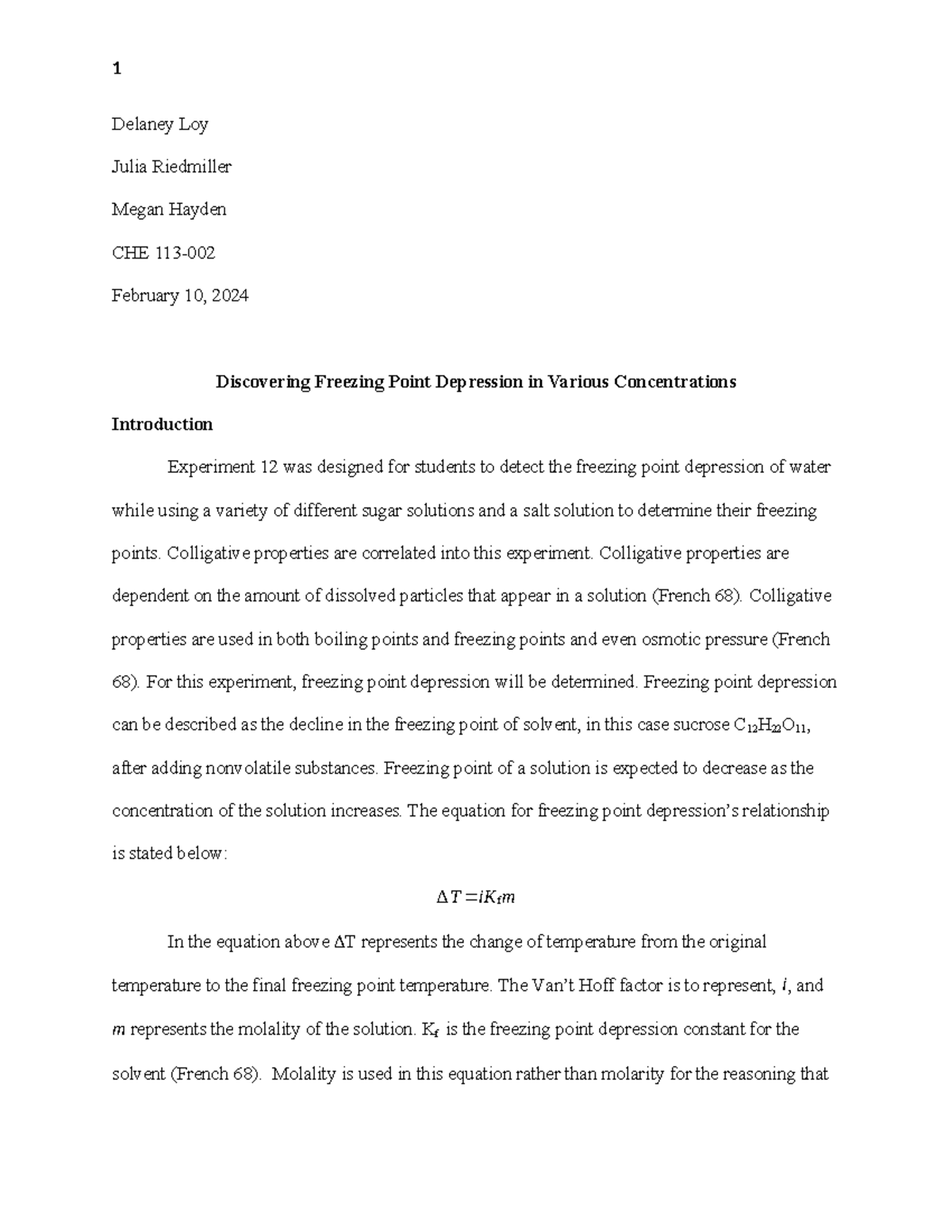 Experiment 12 Freezing Point Depression - Delaney Loy Julia Riedmiller ...