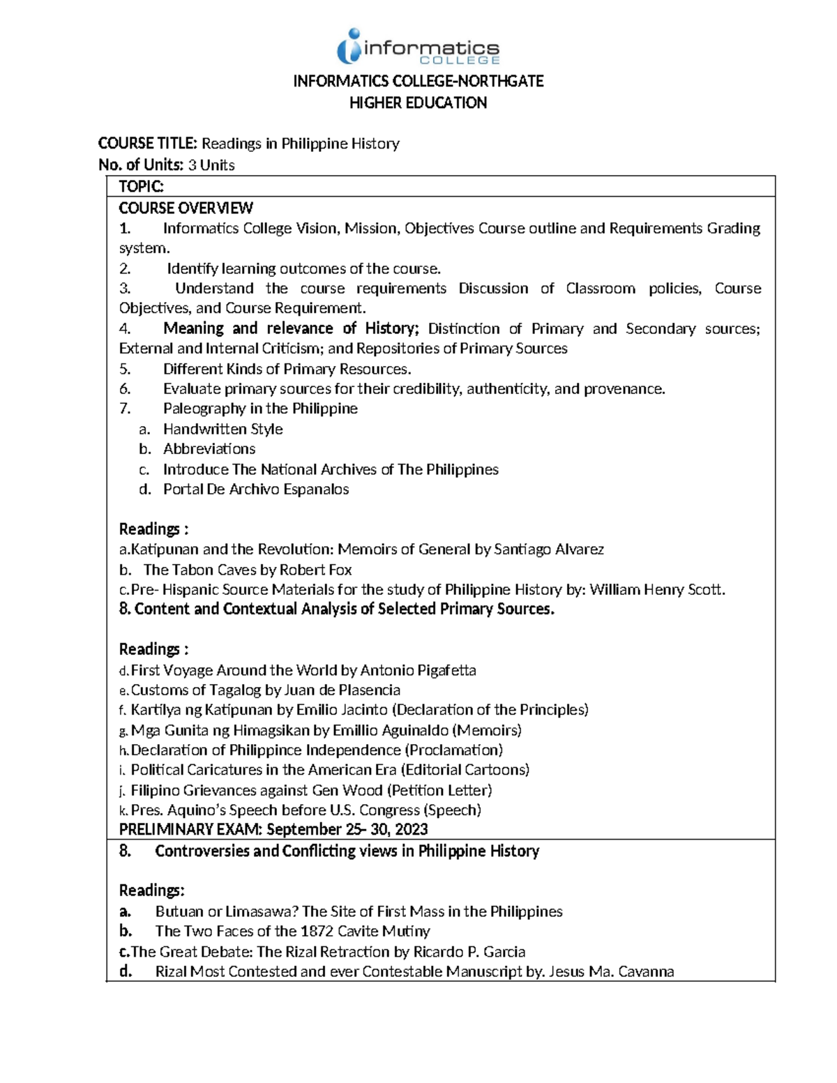 READINGS IN PHILIPPINEHISTORY - INFORMATICS COLLEGE-NORTHGATE HIGHER ...