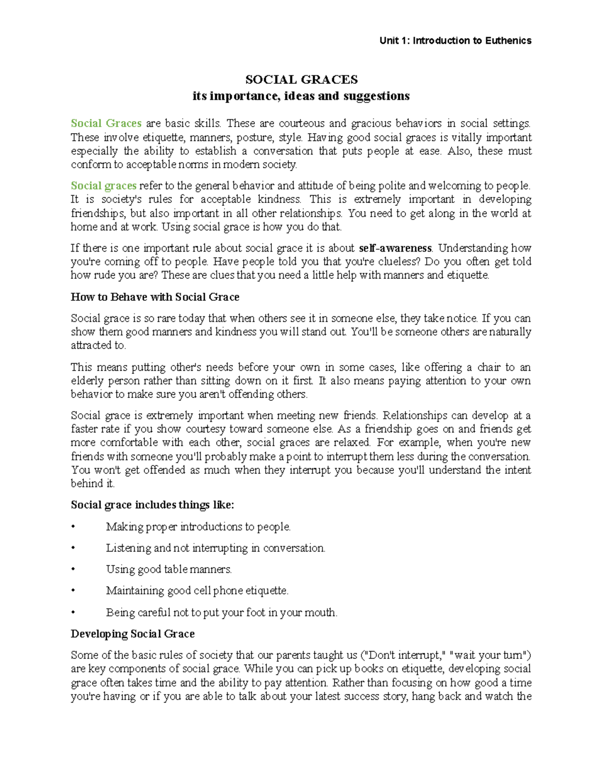 Euthenics Unit 1 Topics 1 3 - Unit 1: Introduction to Euthenics SOCIAL ...