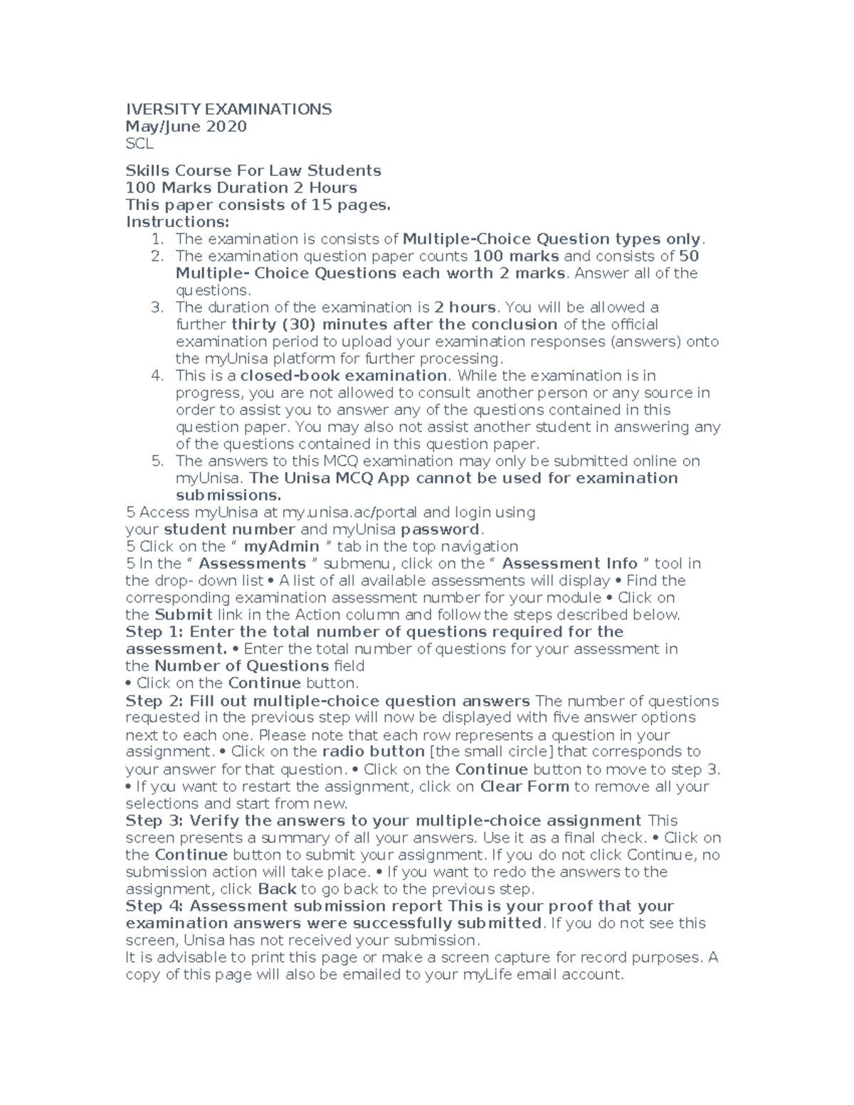 SCL exam paper 2020 - exam - IVERSITY EXAMINATIONS May/June 2020 SCL ...