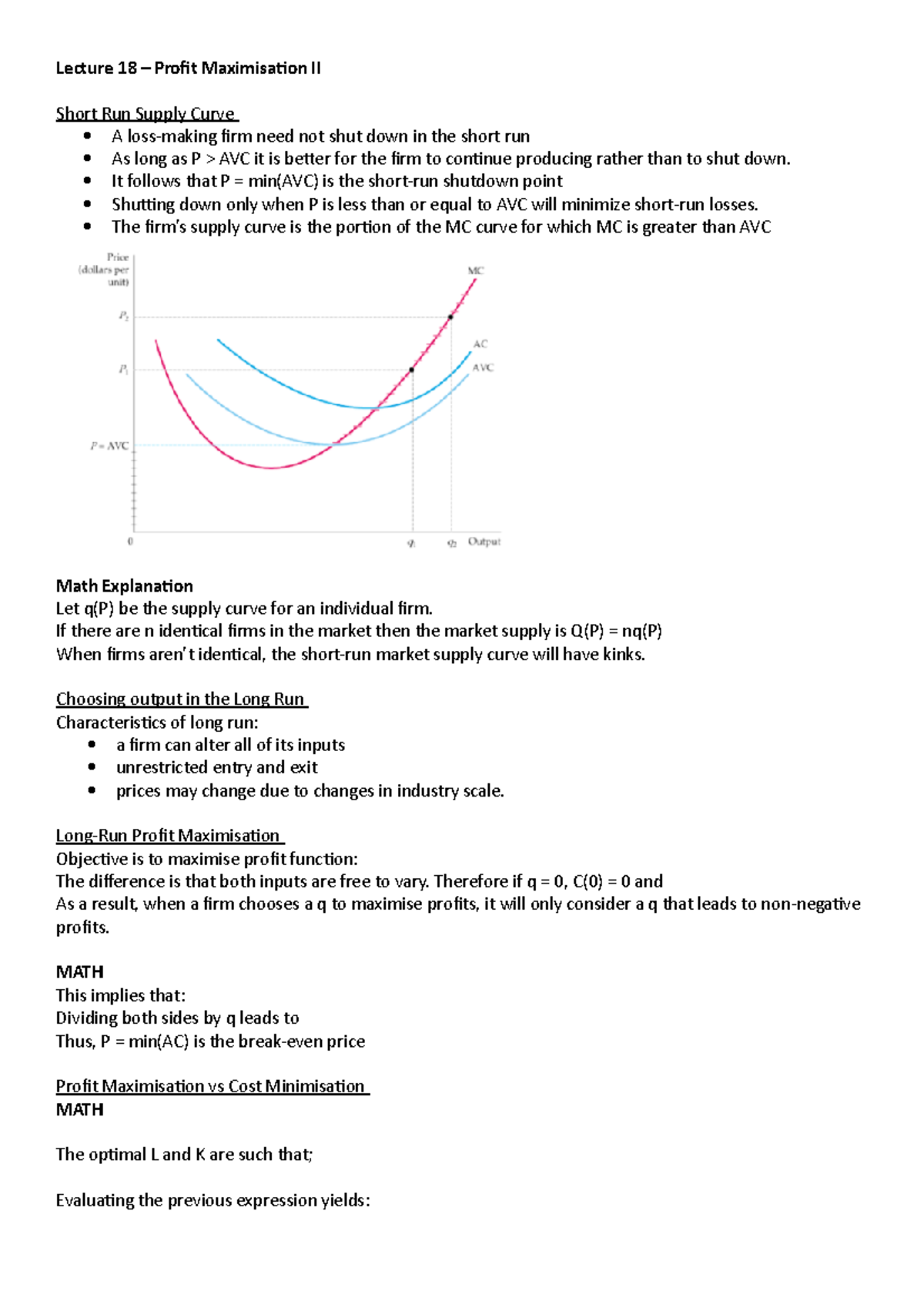 Lecture 18 - notes - Lecture 18 – Profit Maximisation II Short Run ...