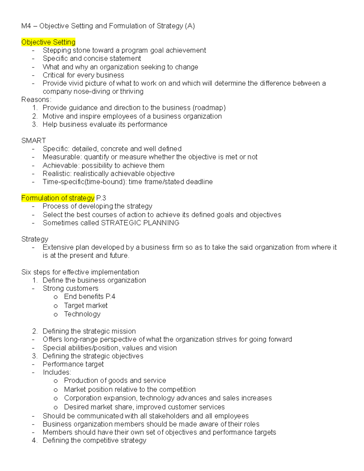 M4-M6 Strategic Management - M4 – Objective Setting and Formulation of Strategy (A) Objective ...