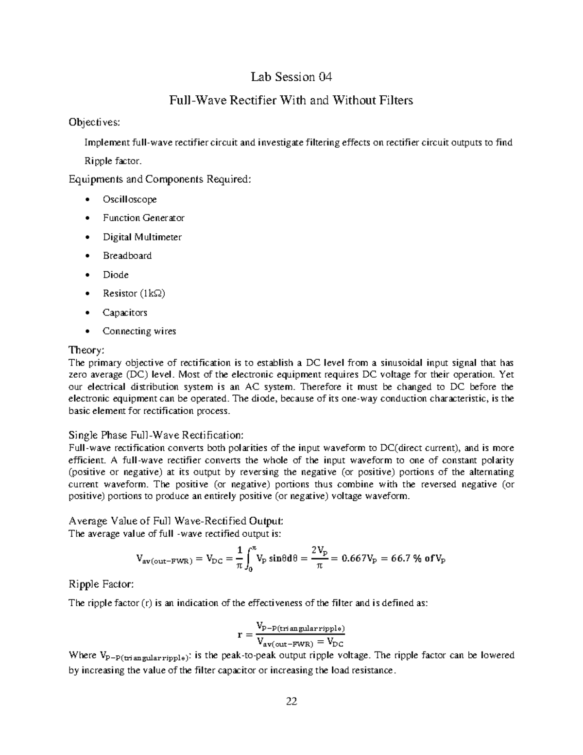 Lab#4 - Course for basic electronics - Lab Session 04 Full-Wave Rectifier With and Without ...