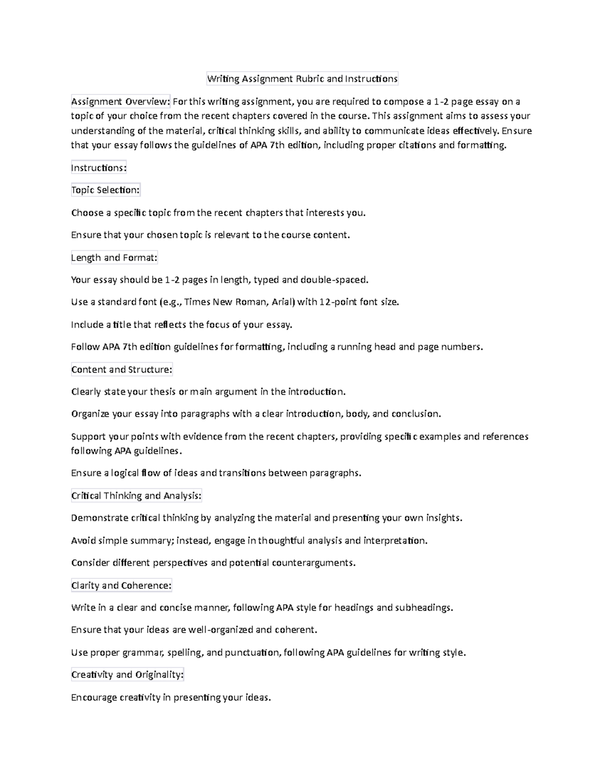Writing Assignment Instructions - Writing Assignment Rubric and Instructions Assignment Overview ...