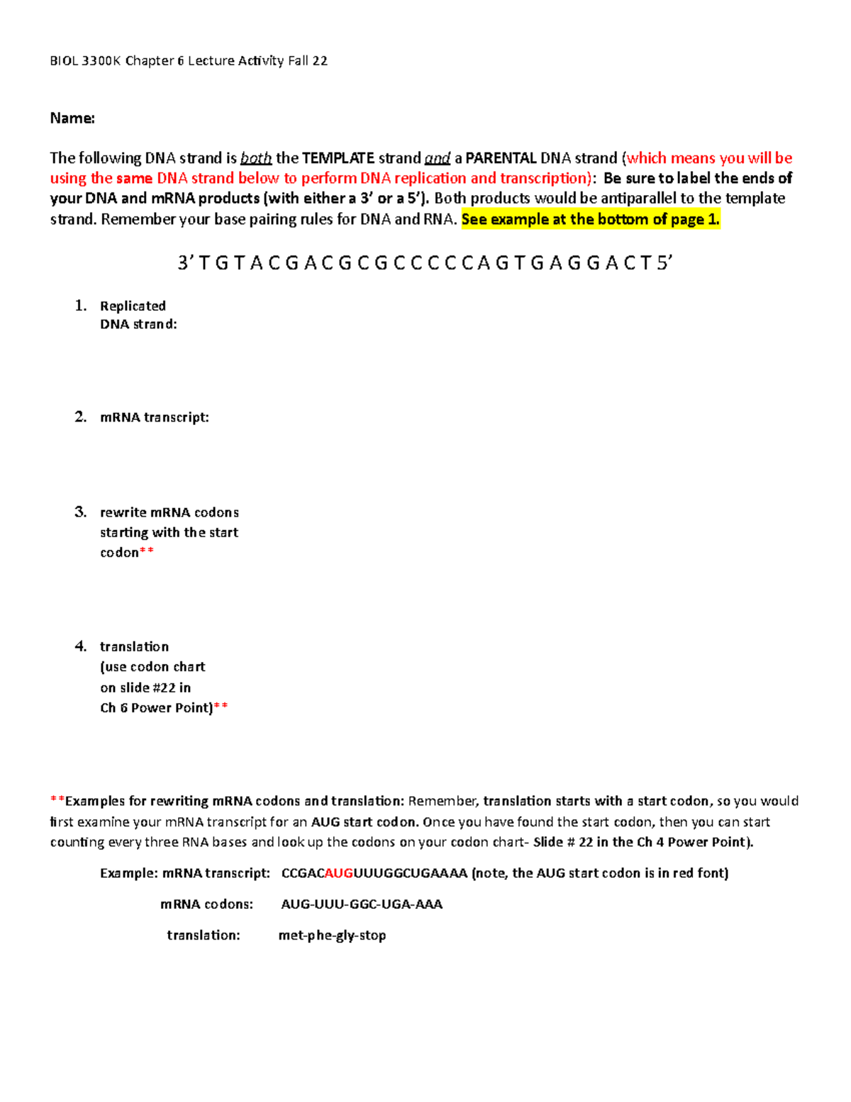 Ch 6 Central Dogma Lecture Activity Fa22 - BIOL 3300K Chapter 6 Lecture ...