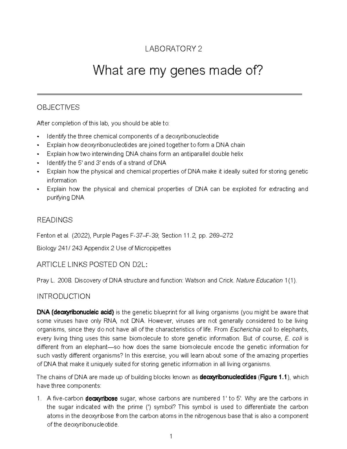 Lab 2 Manual 1 - LABORATORY 2 What are my genes made of? OBJECTIVES ...