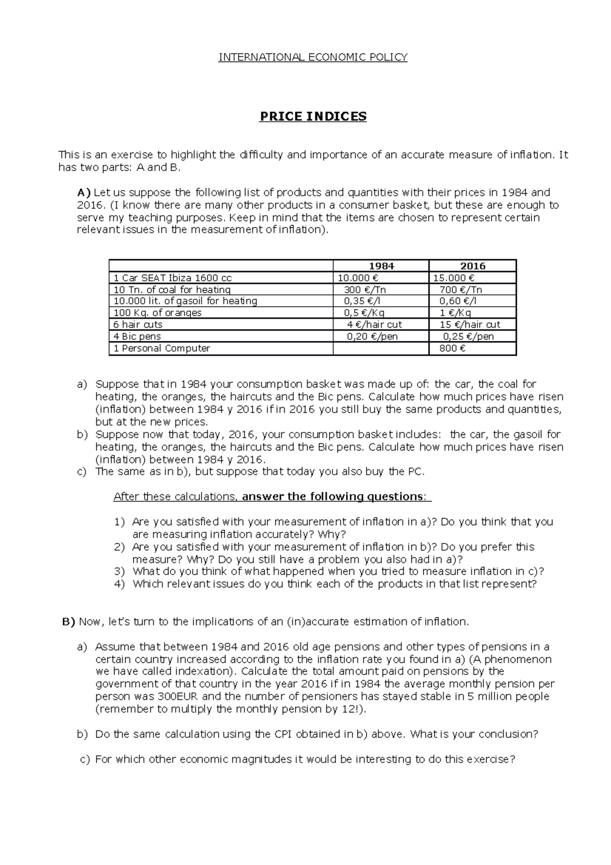 Calculation of inflation exercise - INTERNATIONAL ECONOMIC POLICY PRICE ...