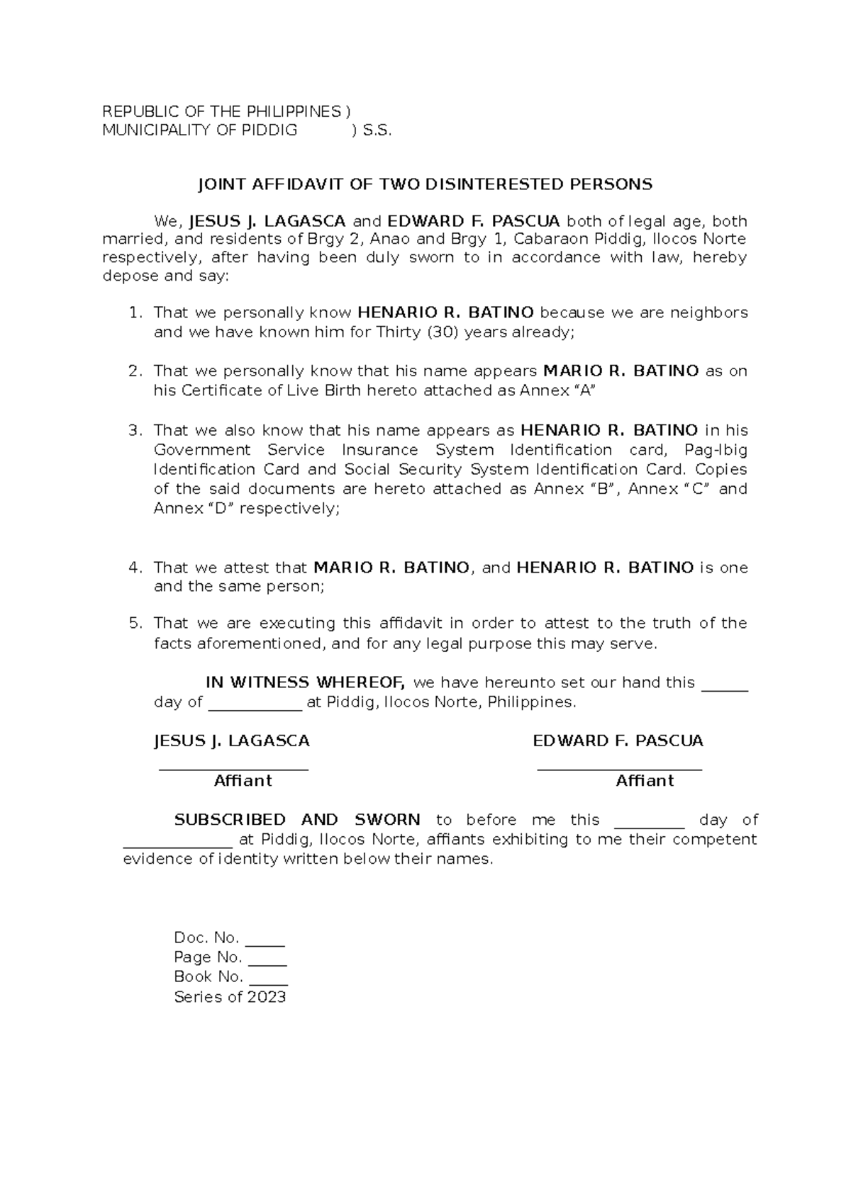 Joint- Affidavit-OF-TWO- Disinterested- Persons - REPUBLIC OF THE PHILIPPINES ) MUNICIPALITY OF ...