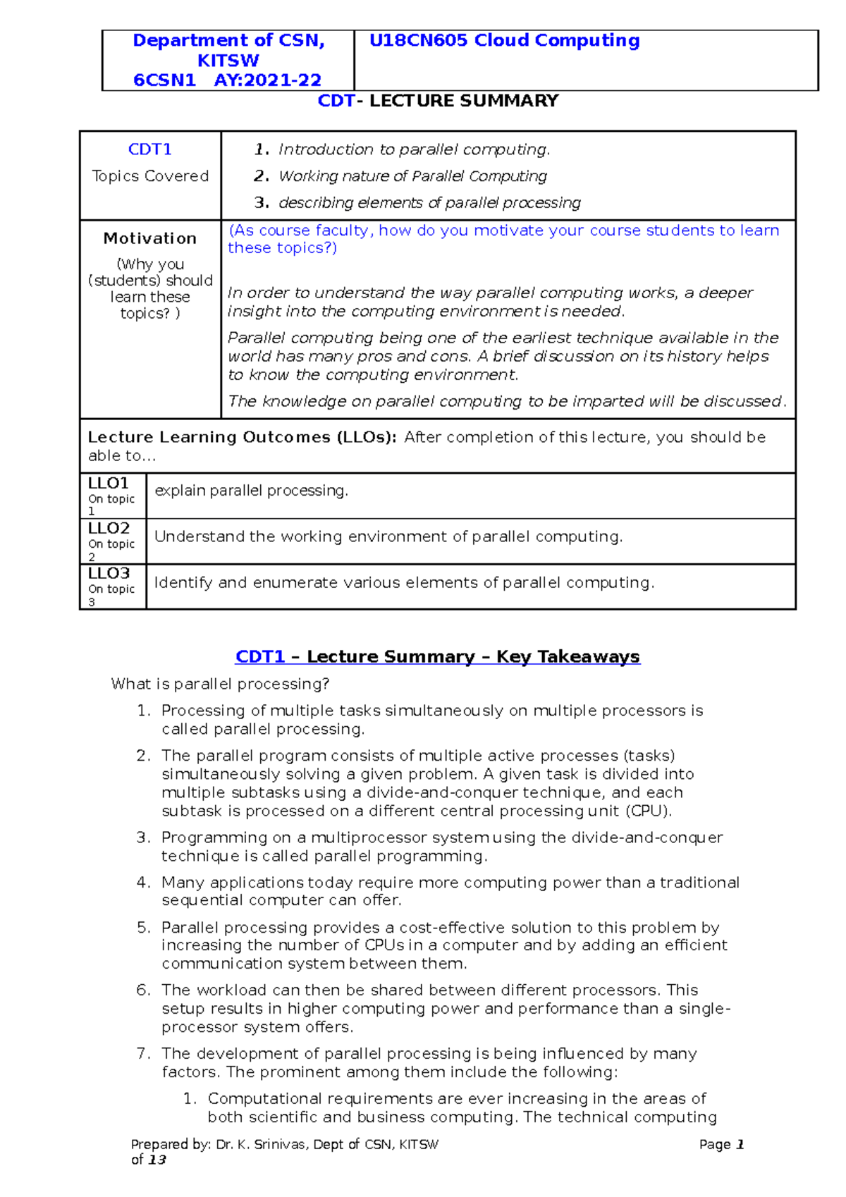 Working nature of Parallel Computing. - KITSW 6CSN1 AY:2021- CDT- LECTURE SUMMARY CDT Topics ...