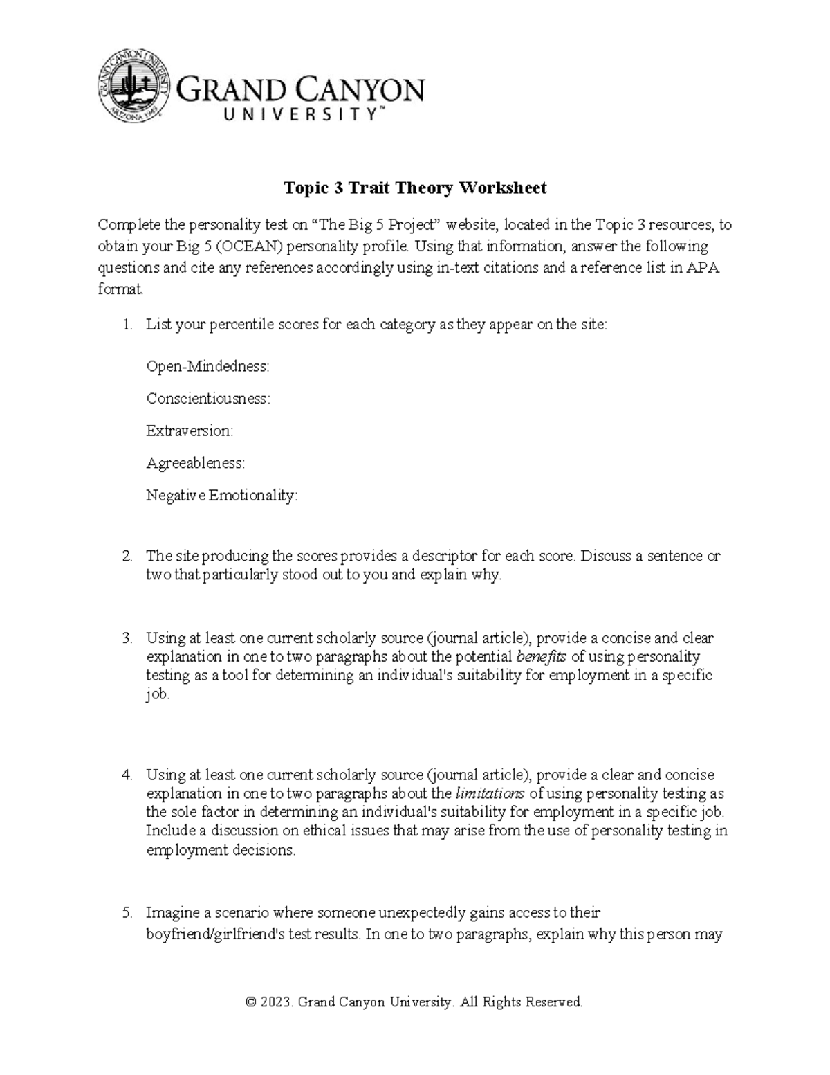 PSY 255 RS T3Trait Theory Worksheet - Topic 3 Trait Theory Worksheet ...
