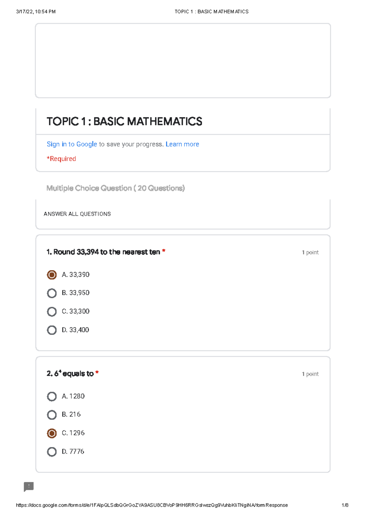 Basic Math Assignment - Mathematics - Multiple Choice Question ( 20 ...