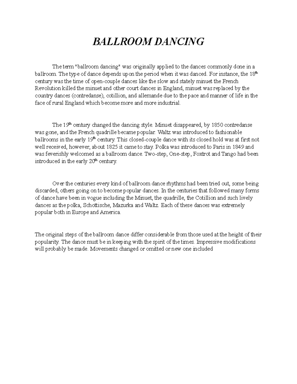 Ballroom Dancing - NOTES - BALLROOM DANCING The term "ballroom dancing ...