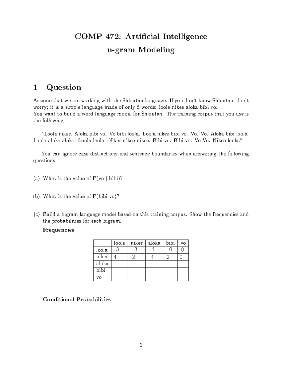Lab on N-Gram Exercises for COMP472 - COMP 472: Artificial Intelligence n-gram Modeling 1 ...