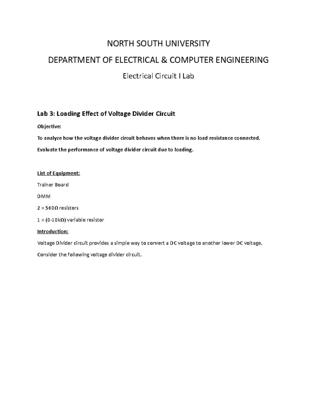 EEE141LLAB3 - EEE141 Lab - NORTH SOUTH UNIVERSITY DEPARTMENT OF ...